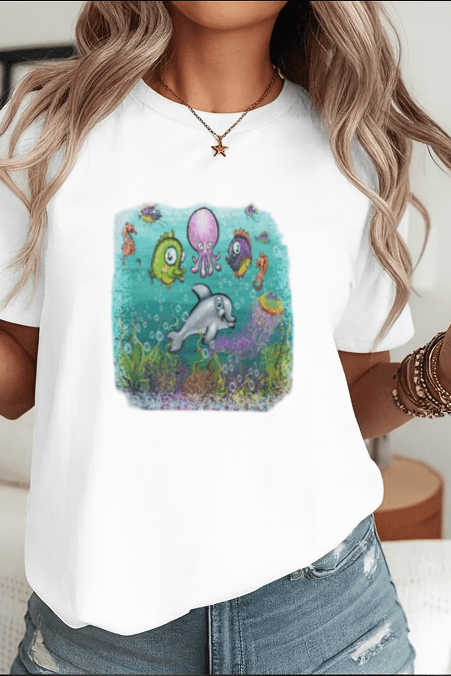 Aqua Babies Cute Ocean Marine Creature Fun Art Unisex T-Shirt, for Men & Women, up to Size 5XL ...