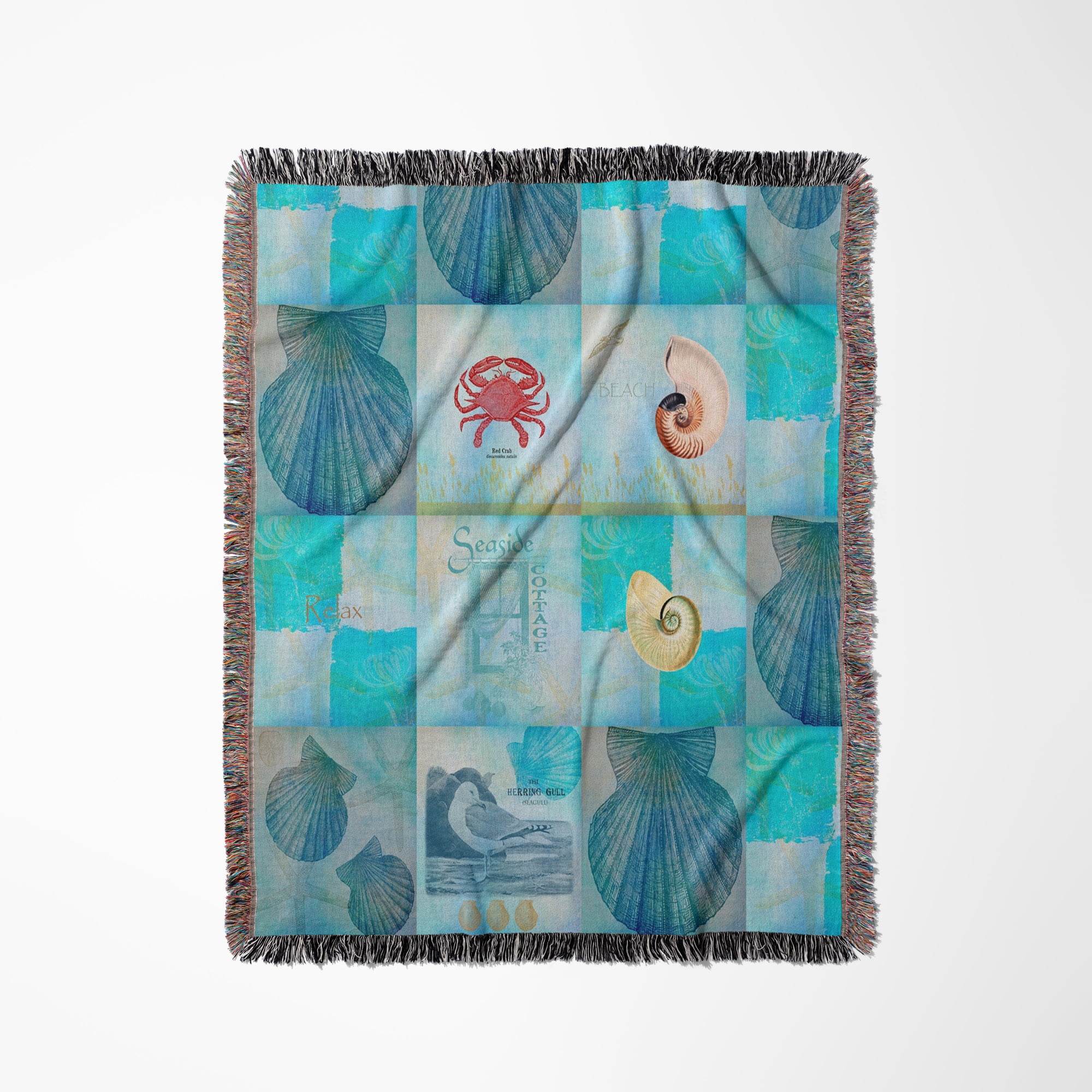 Aqua Beach Seashell Collage Art, Woven Blanket - Walmart.com
