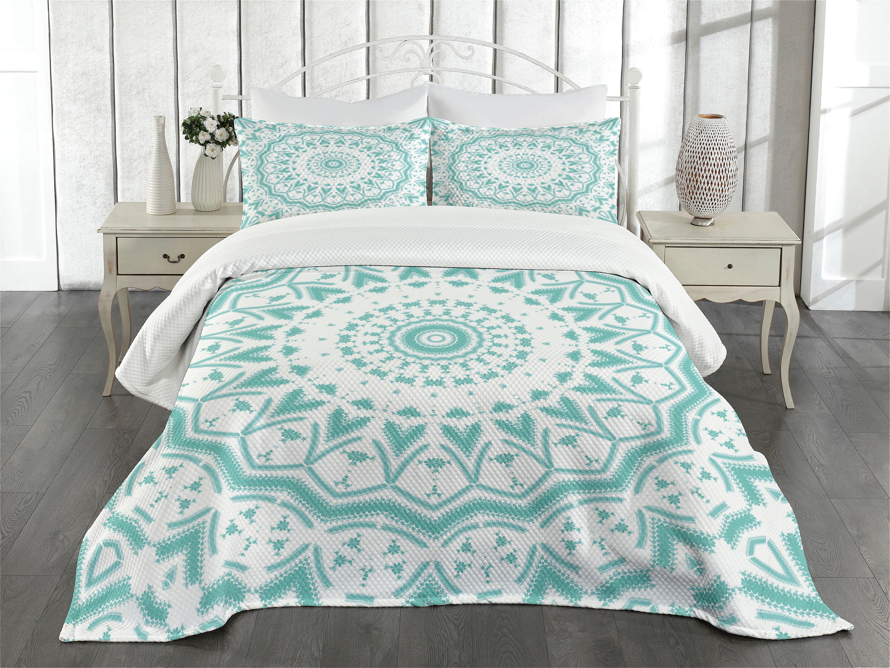 Aqua Bedspread Set Queen Size, Mandala Tribal Ethnic Tie Dye Effect ...