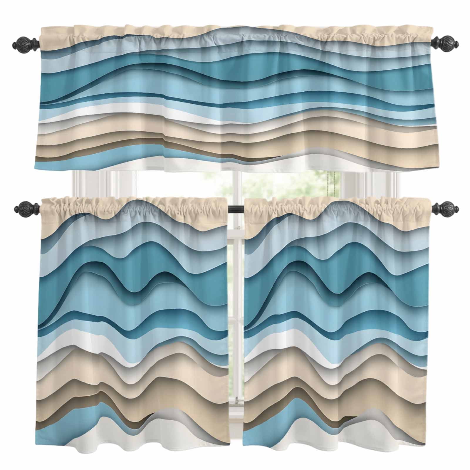 Aqua Beige Ombre Kitchen Curtains Sets for Windows 24 Inch Length ...