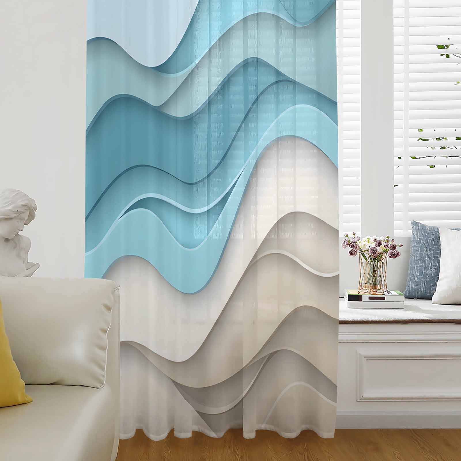 Aqua Beige Ombre Sheer Curtains 96 Inch Length, Light Filtering Voile ...