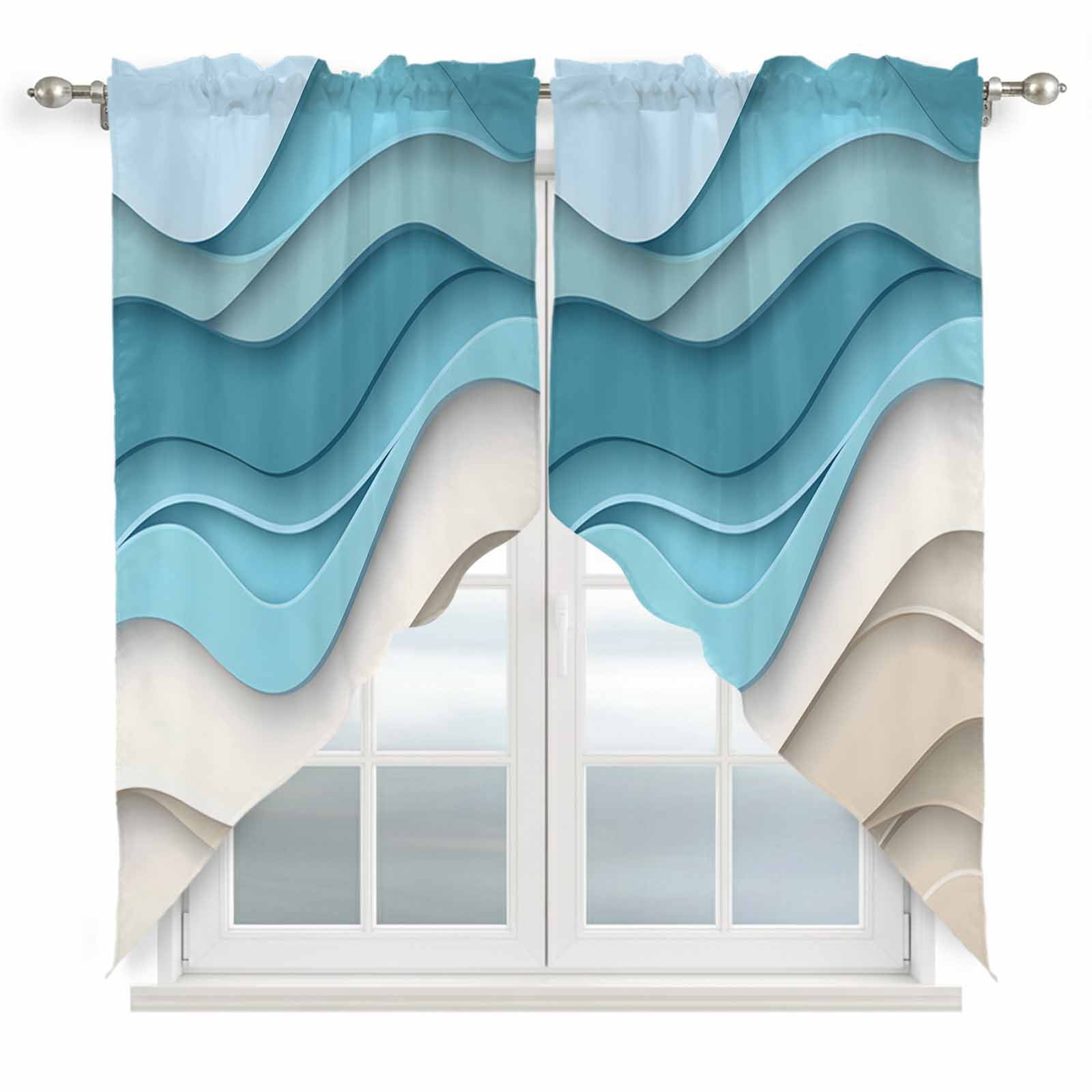 Aqua Beige Ombre Swag Curtain Valances, Modern Abstract Moire Art ...