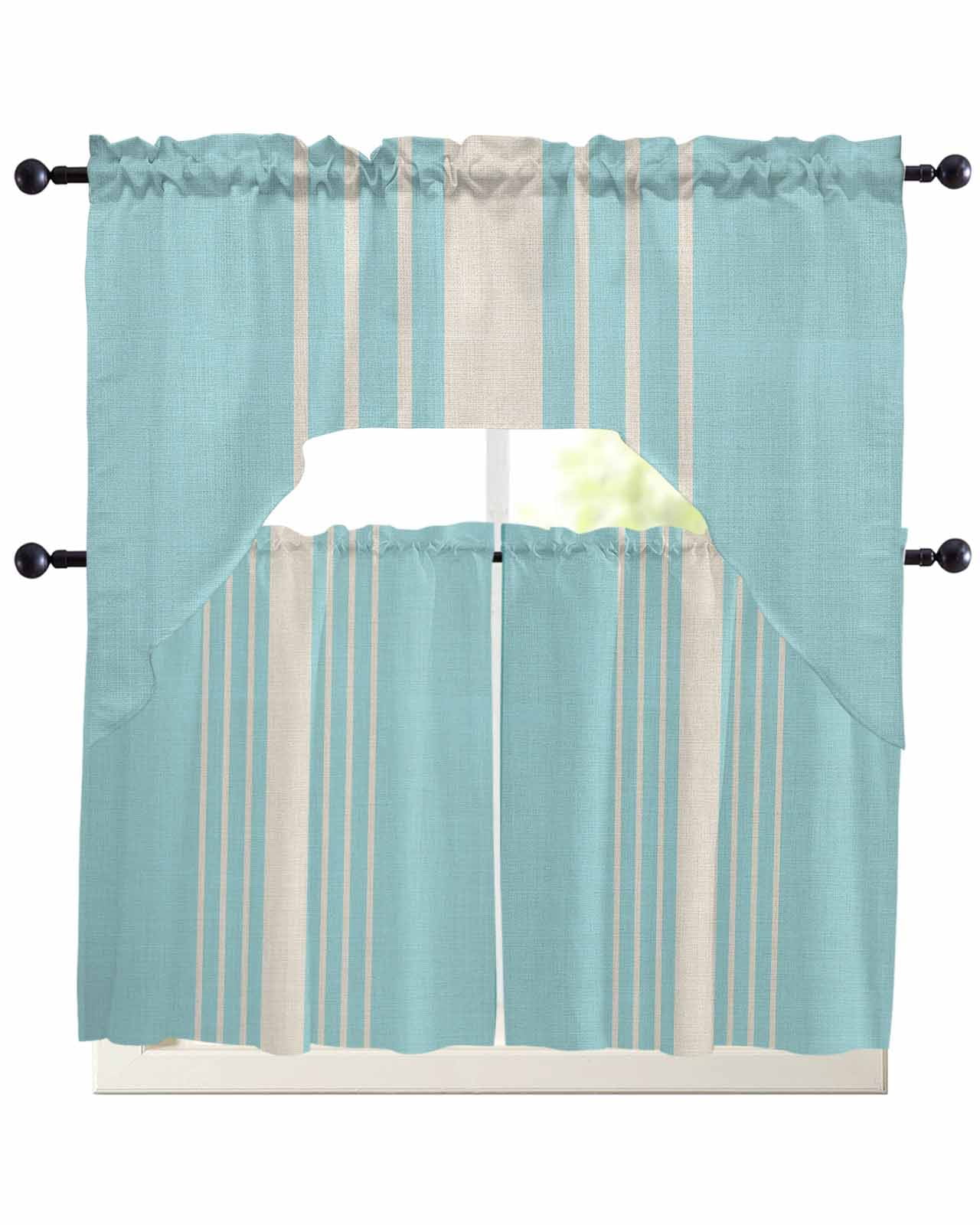 Aqua Beige Striped Kitchen Curtains Sets 36 Inch Length with Valance ...