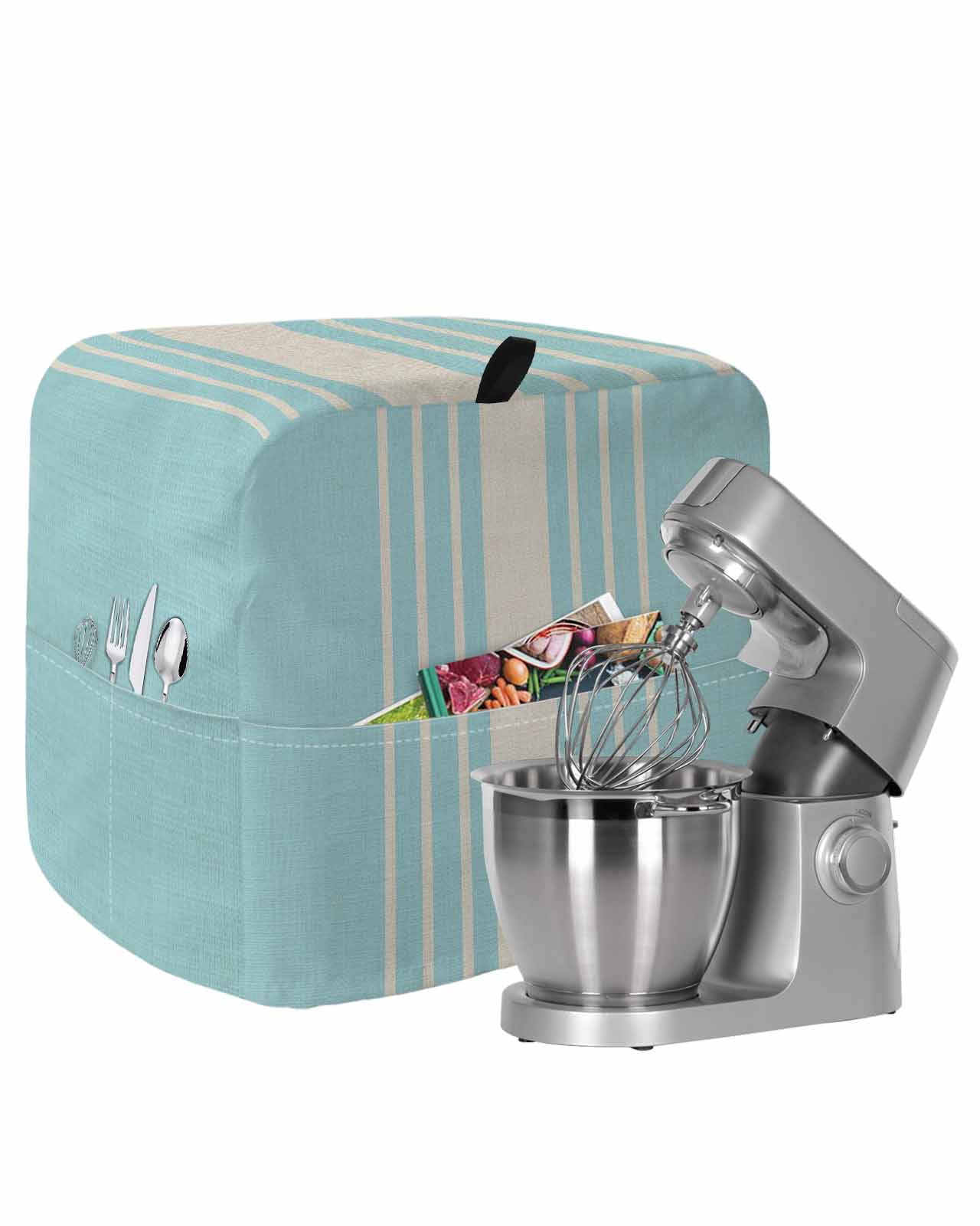 Aqua Beige Striped Stand Mixer Dust Cover with Storage Pocket & Handles ...
