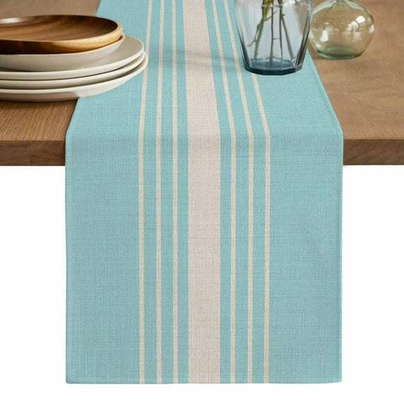 Aqua Beige Striped Table Runner, Modern Farmhouse Retro Lines Washable ...