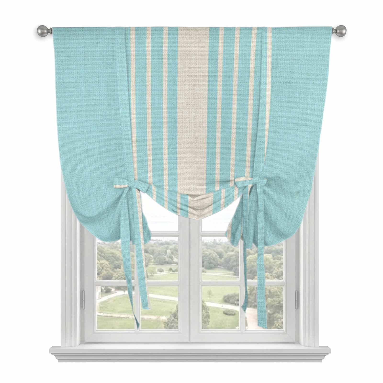 Aqua Beige Striped Tie Up Curtains for Windows, Adjustable Rod Pocket ...