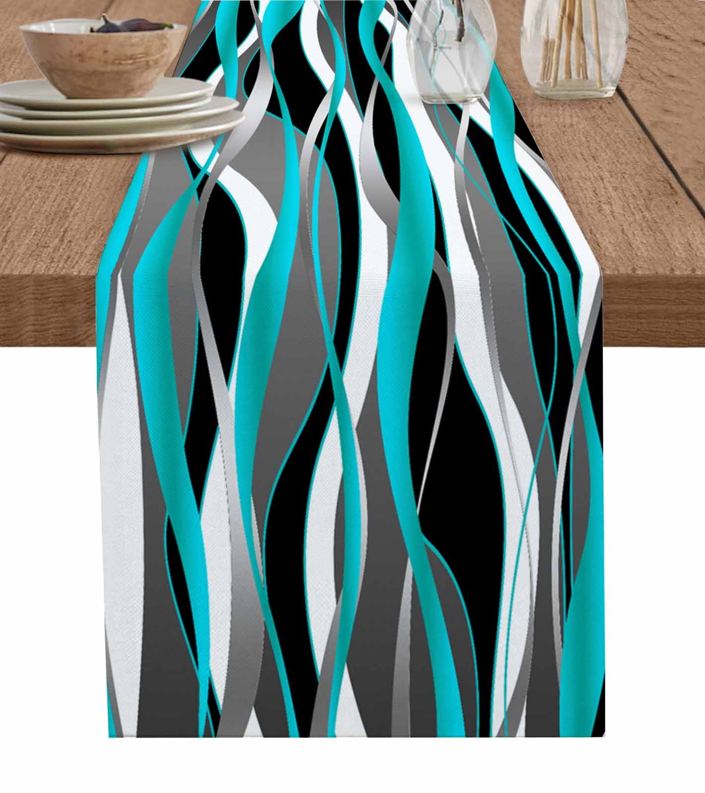 Aqua Black Grey Moire Short Table Runners 36 Inches, Cotton Linen ...