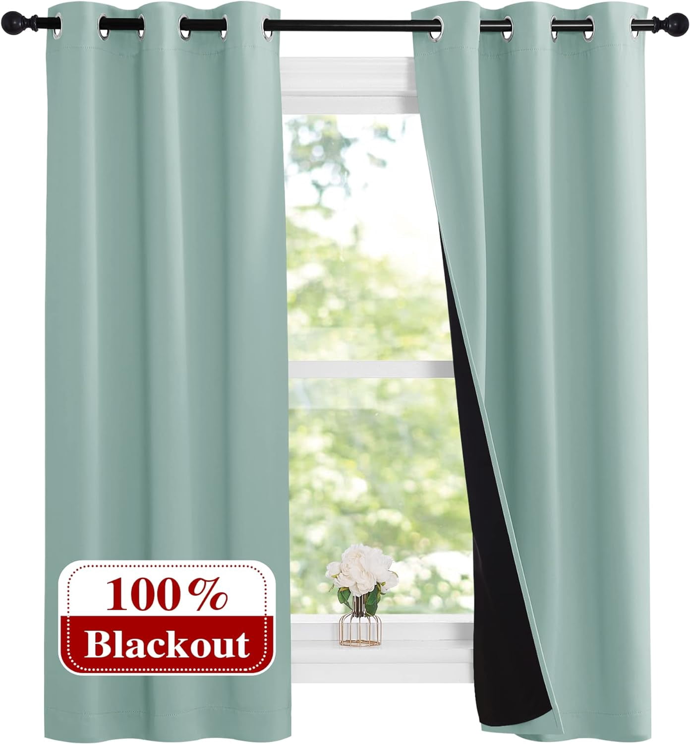 Aqua Blue 100% Blackout Lined Curtains, 2 Thick Layers Narrow Wide ...
