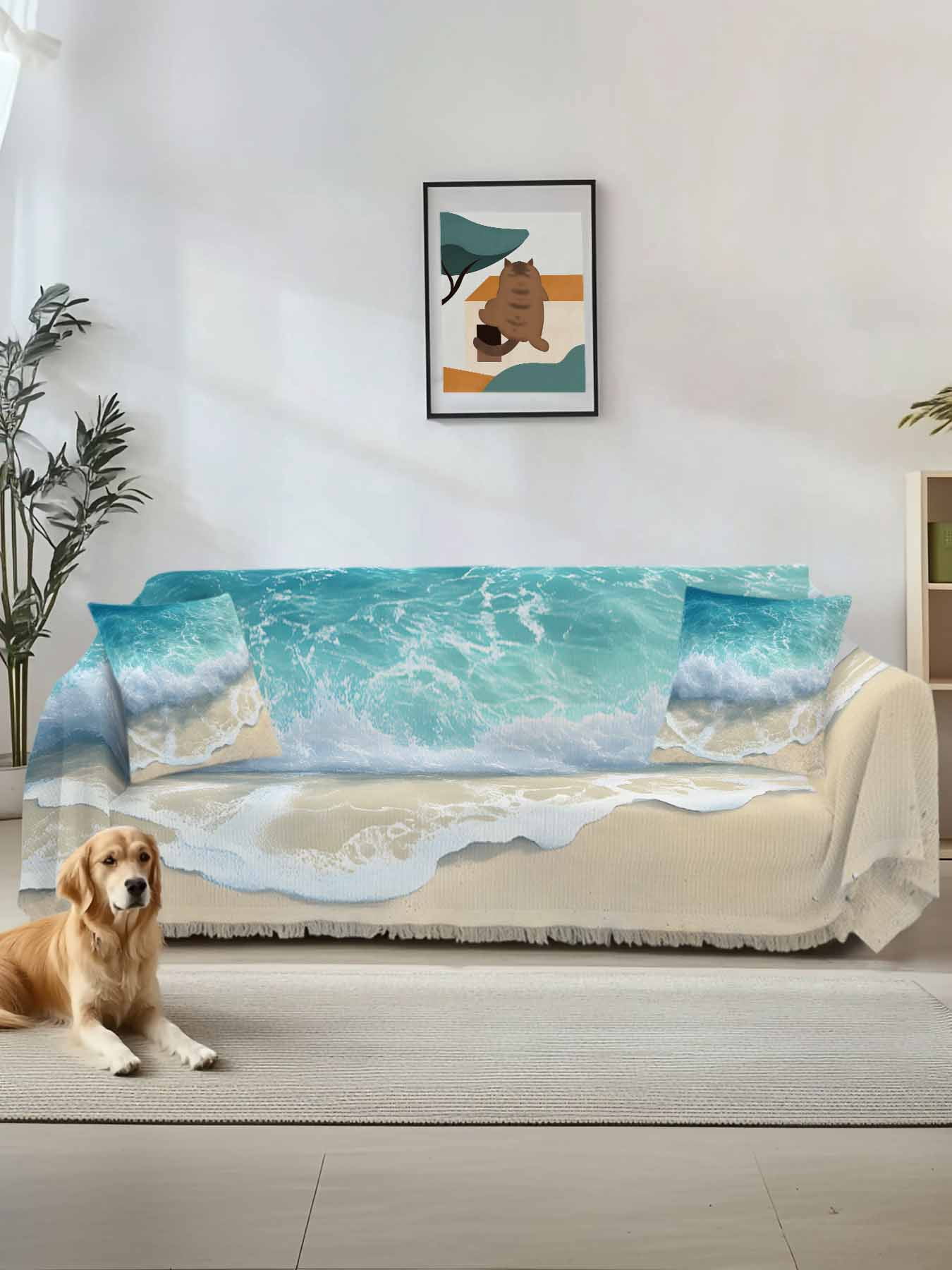 Aqua Blue Beach Couch Cover, Coastal Seawaves Sand Shore Scenery ...