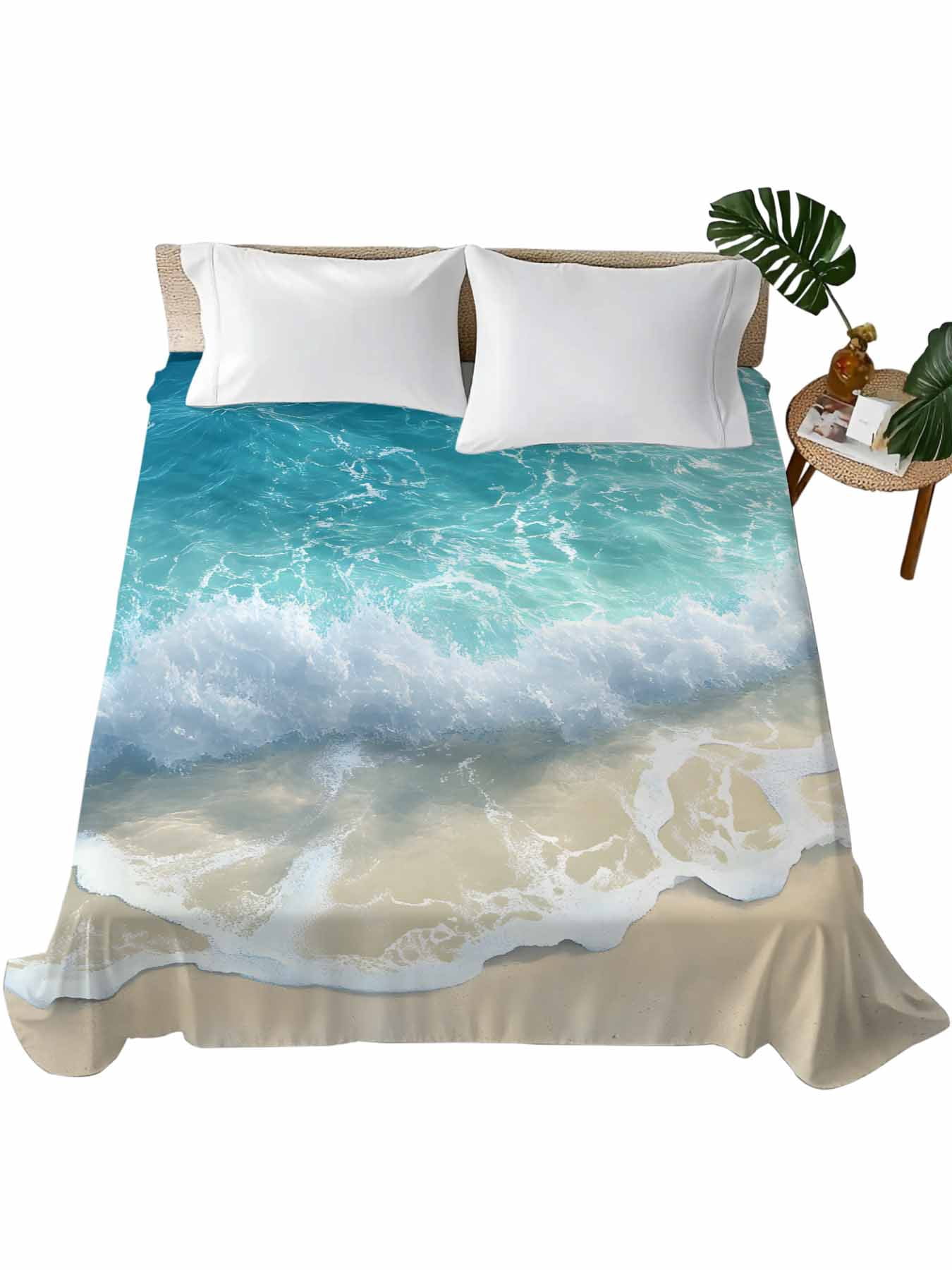 Aqua Blue Beach Flat Sheet Only Twin Size, Soft Breathable Bed Top ...