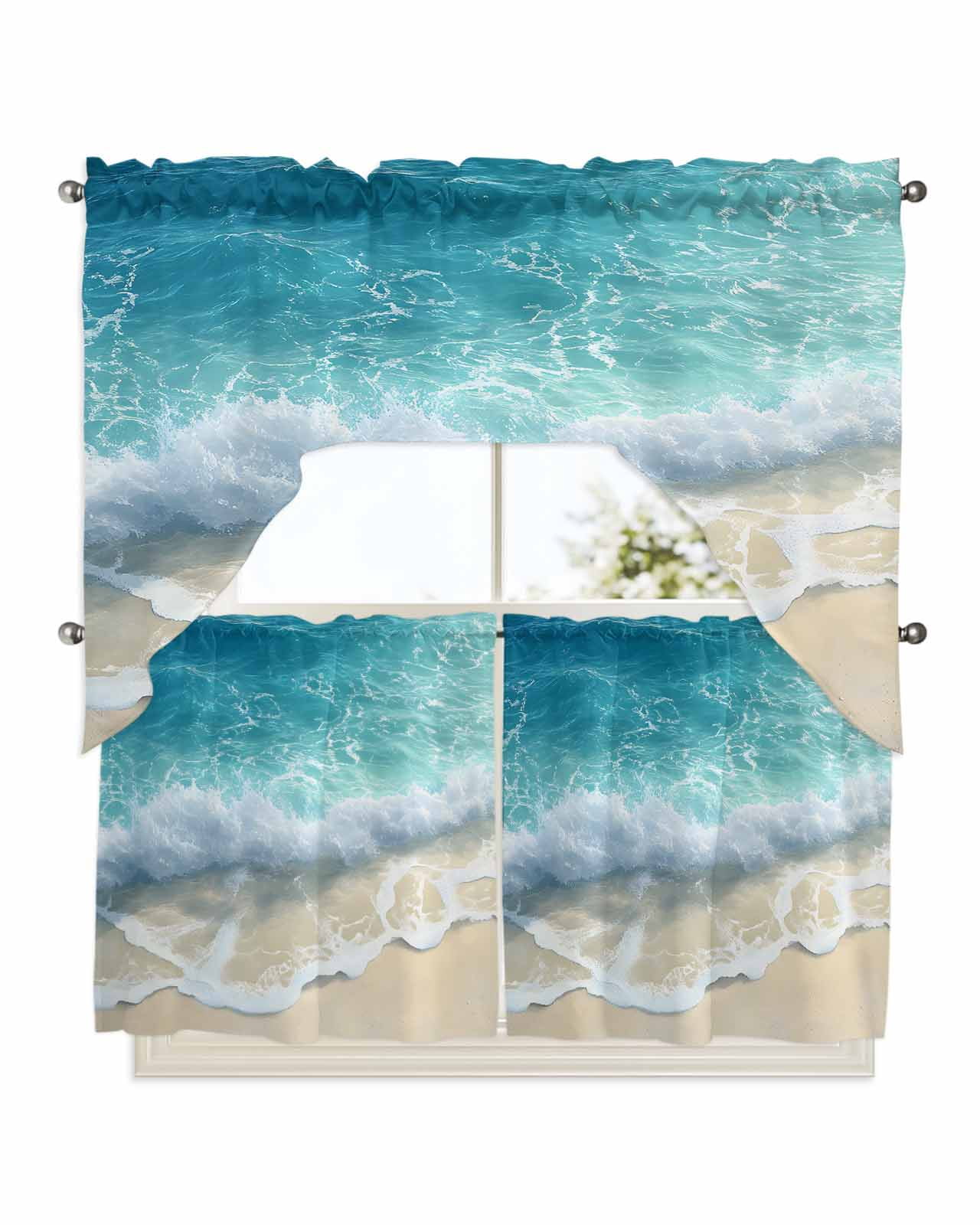 Aqua Blue Beach Kitchen Curtain and Valance Set 3 Pieces,Rod Pocket ...