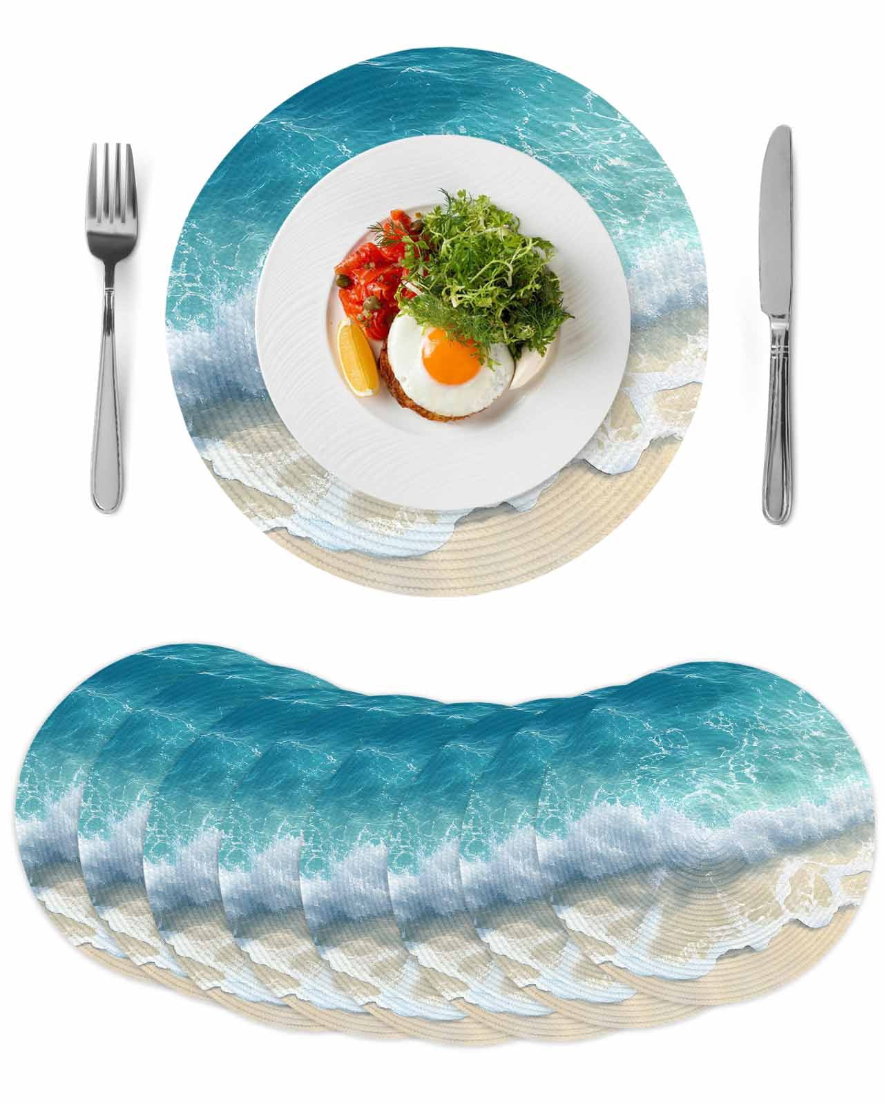 Aqua Blue Beach Round 13 Inch Placemats Set of 8, Coastal Seawaves Sand ...