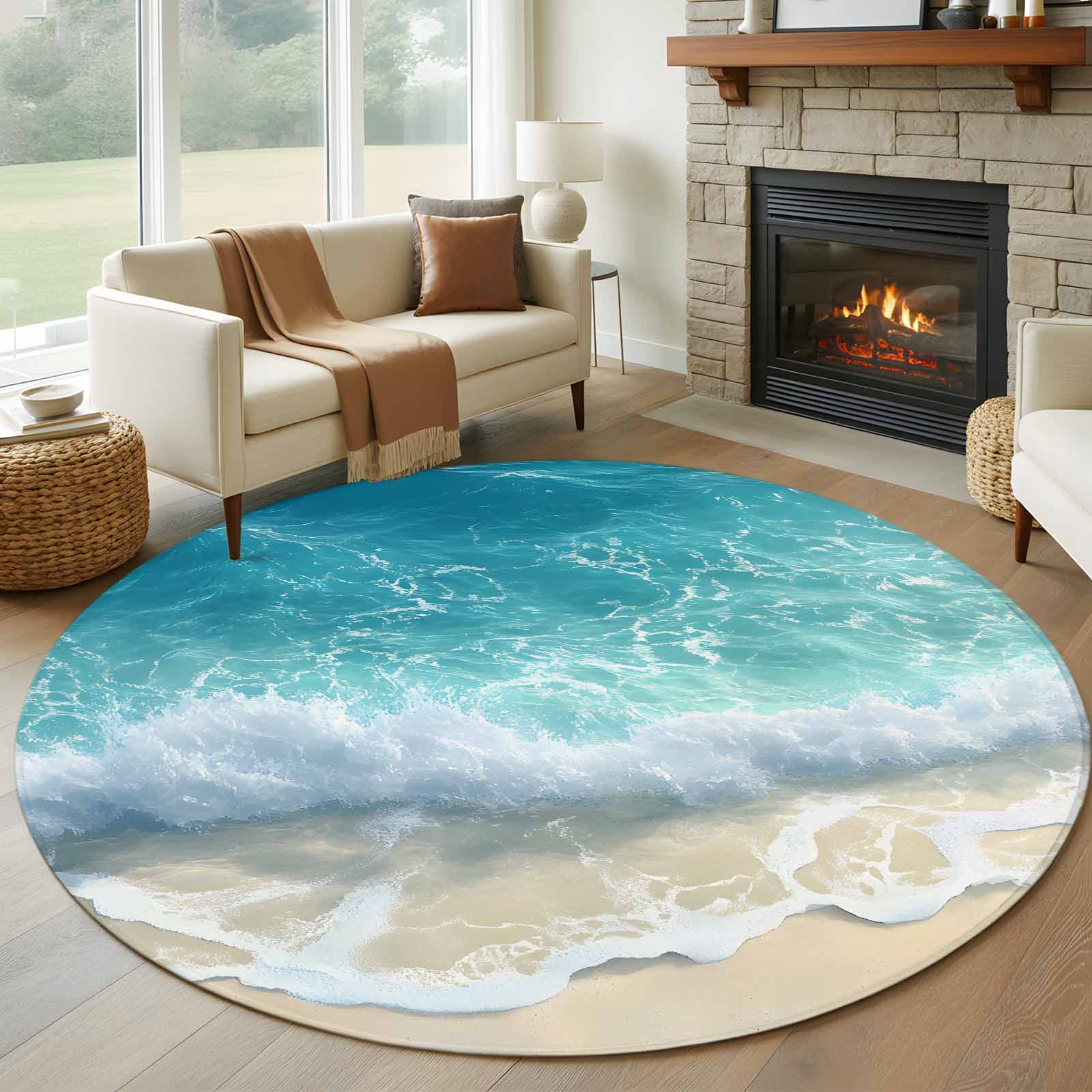 Aqua Blue Beach Round Area Rug 5 FT, Non Slip Bedroom Area Rug, Coastal ...