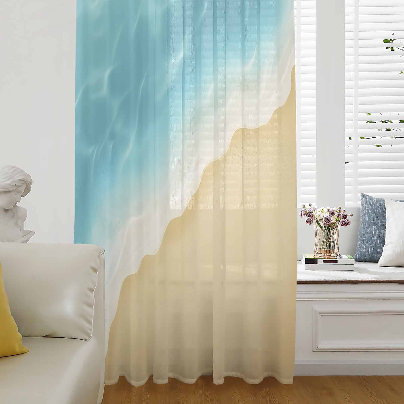 Aqua Blue Beach Semi Sheer Curtains Drapes for Living Room, Bedroom ...