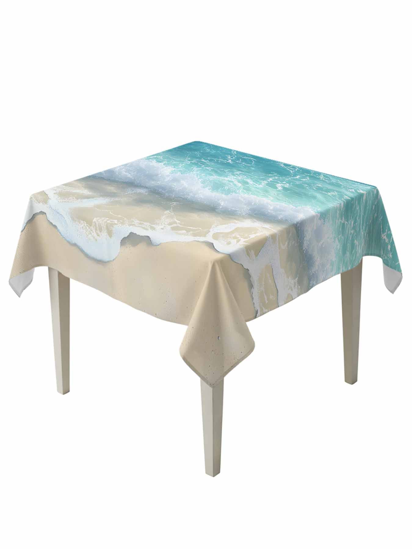 Aqua Blue Beach Suqare Tablecloth - 54 x 54 Inch, Coastal Seawaves Sand ...