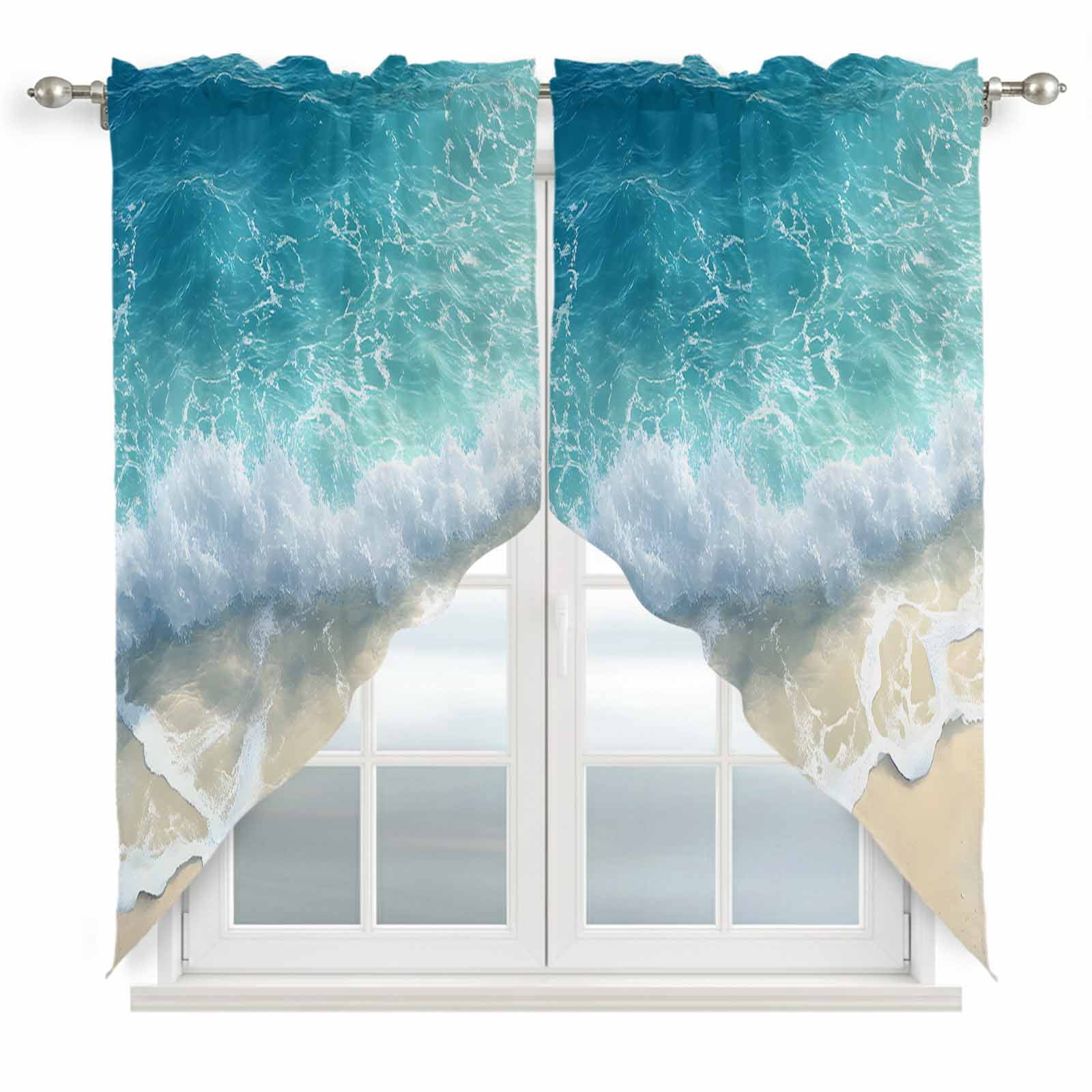 Aqua Blue Beach Swag Curtain Valances, Coastal Seawaves Sand Shore ...