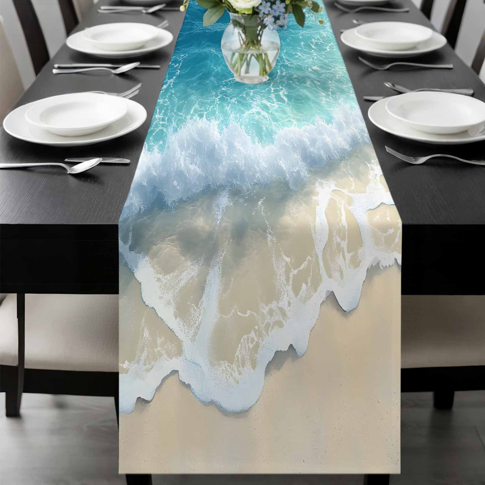 Aqua Blue Beach Table Runner 60 Inches Long, Coastal Seawaves Sand ...
