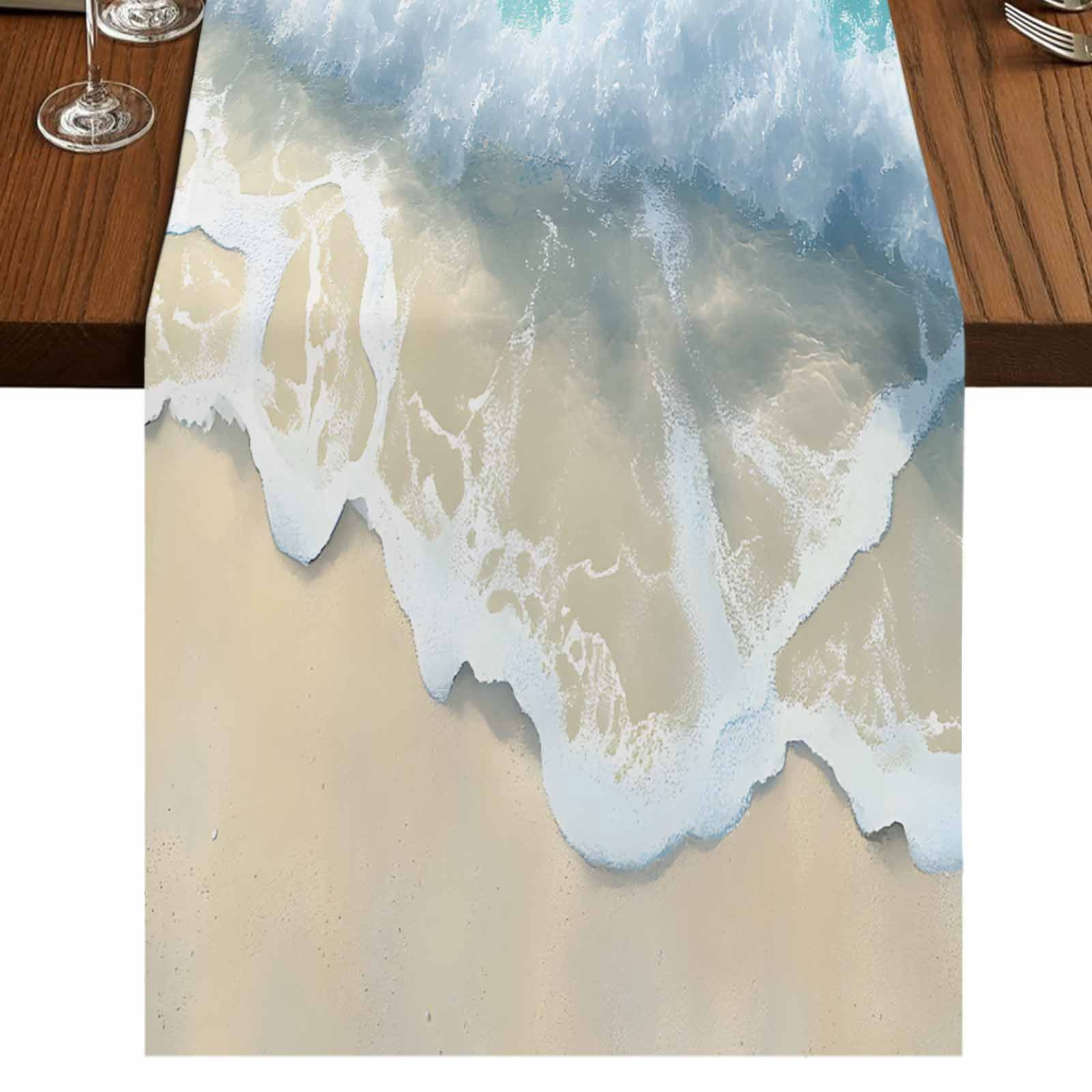 Aqua Blue Beach Table Runner 90 Inches Long,Coastal Seawaves Sand Shore ...