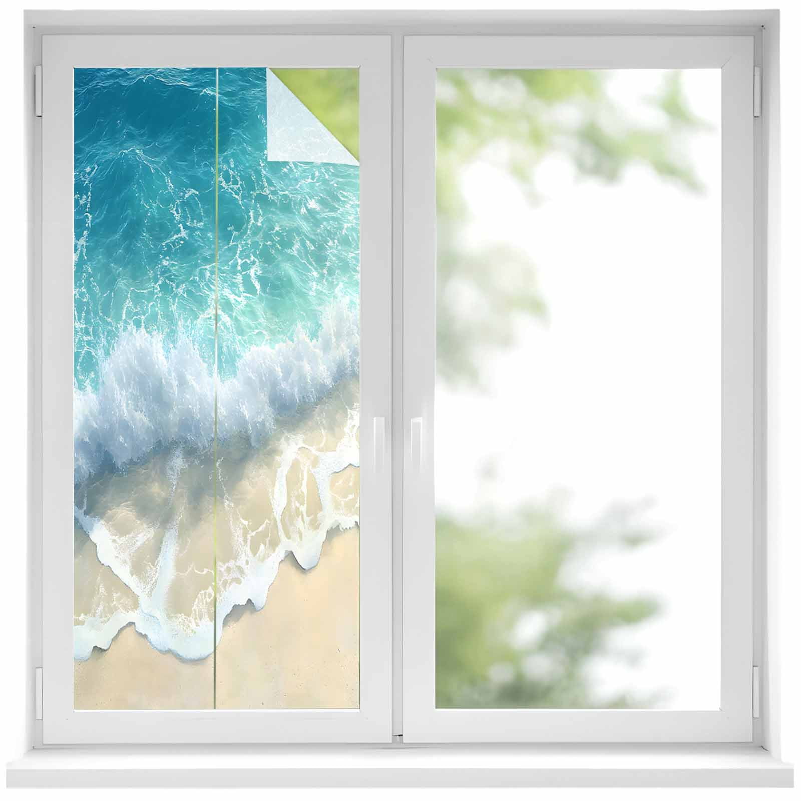 Aqua Blue Beach Window Privacy Film, Coastal Seawaves Sand Shore ...