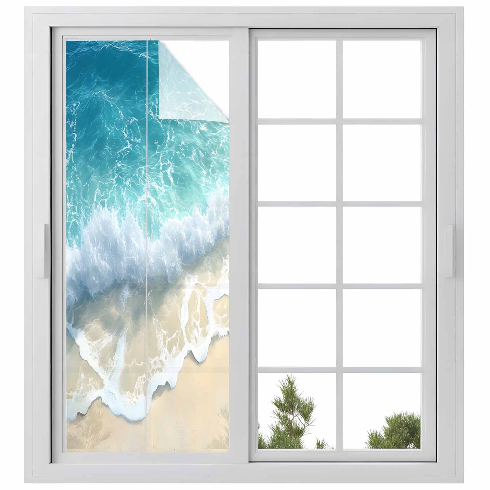 Aqua Blue Beach Window Privacy Film, Coastal Seawaves Sand Shore ...