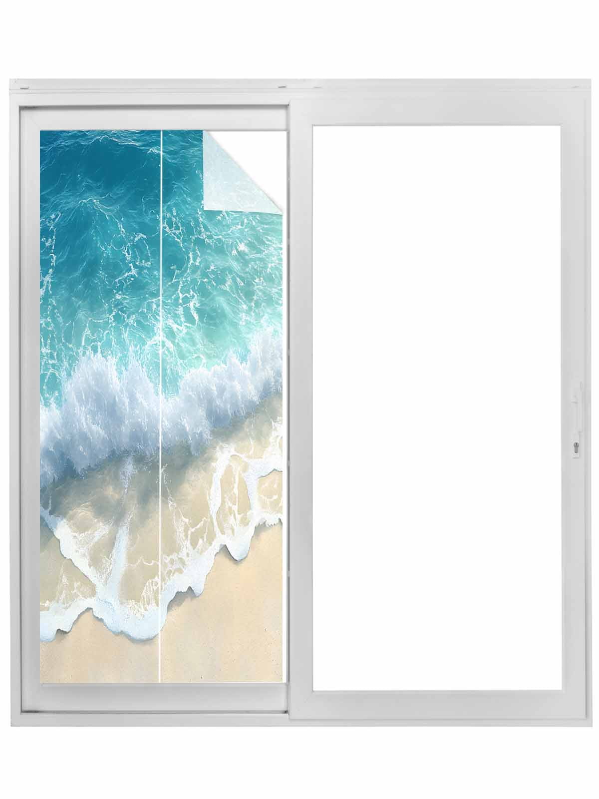 Aqua Blue Beach Window Privacy Film, Coastal Seawaves Sand Shore ...
