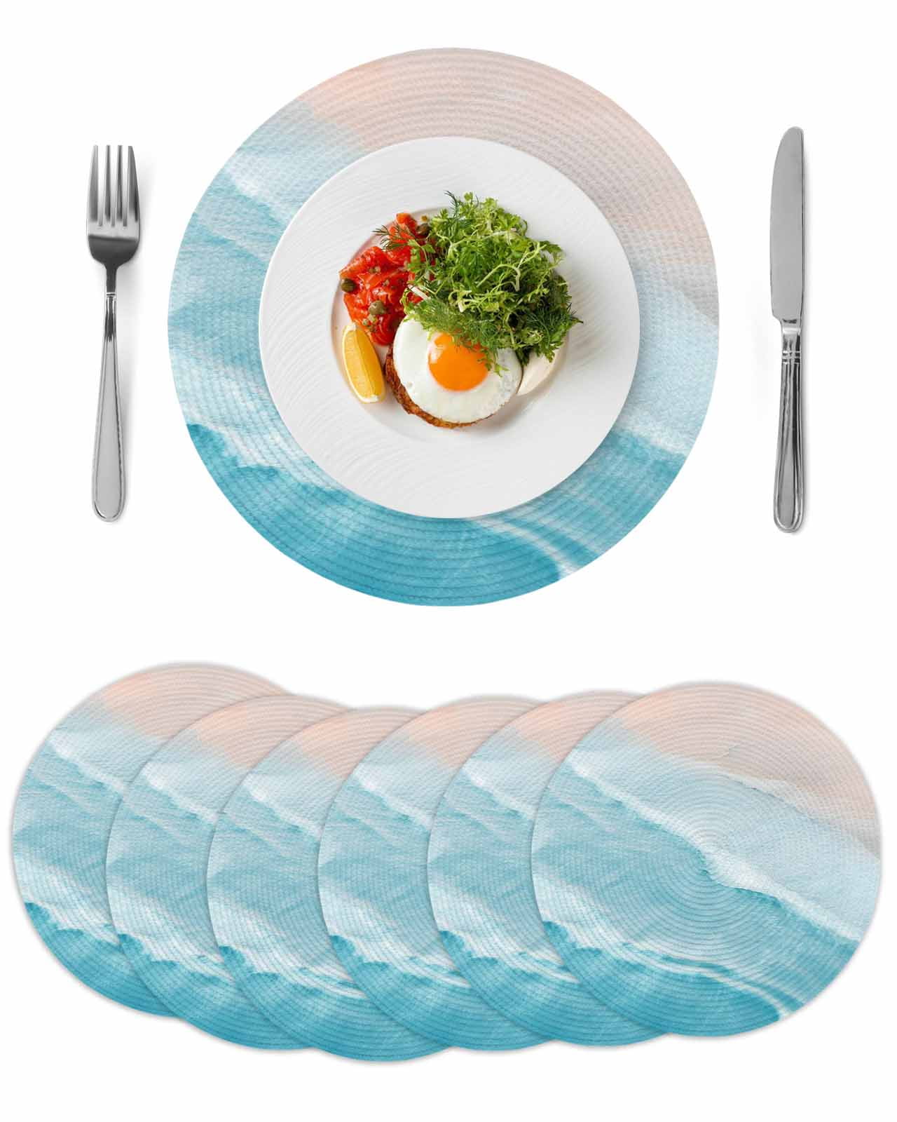 Aqua Blue Coastal Beach Round Table Placemats set of 6, Ocean Sea Water ...