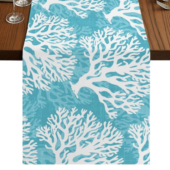 Aqua Blue Coastal Burlap Cotton Table Runner 13x60 Inches Long, Summer ...