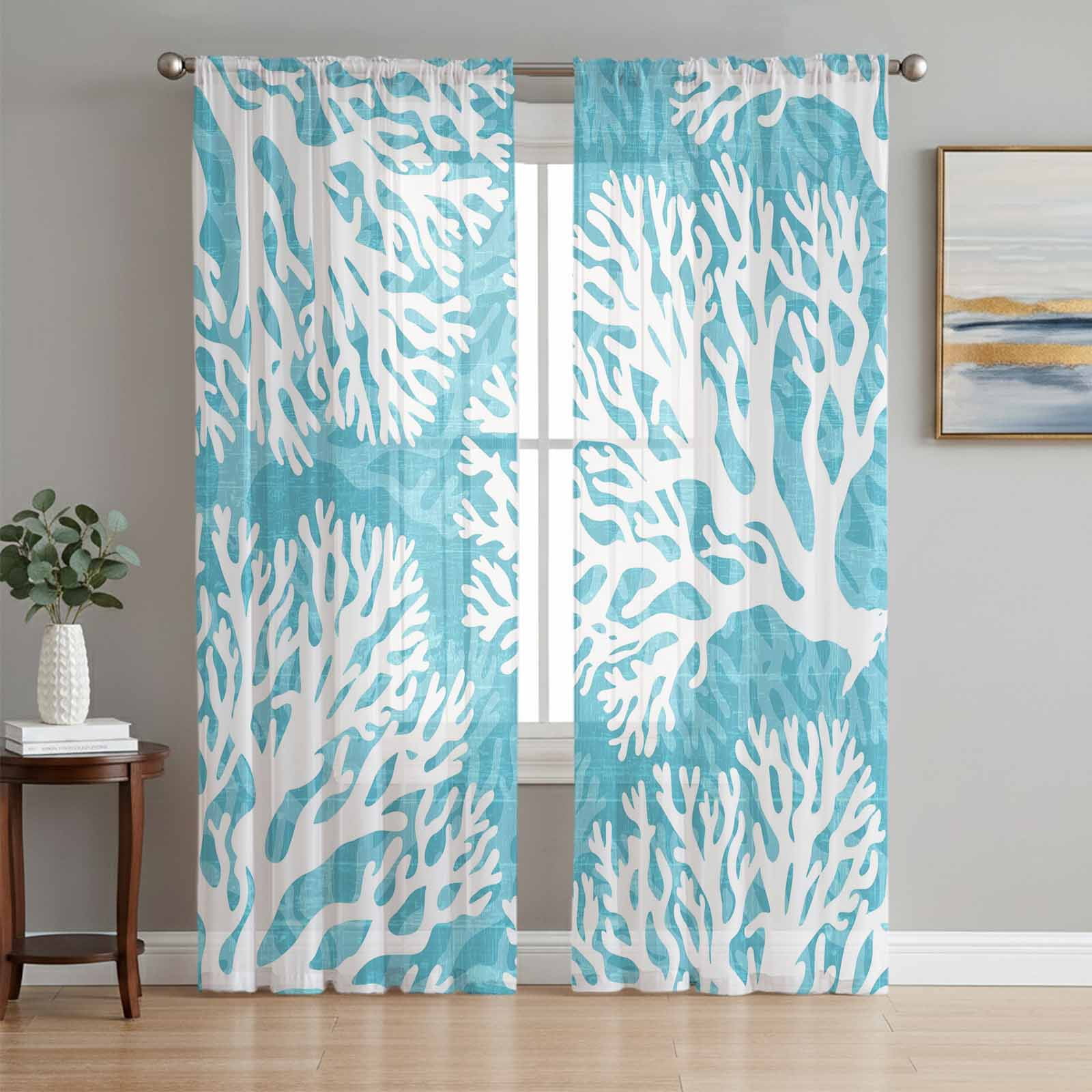 Aqua Blue Coastal Semi Sheer Curtains 96 Inch Length 2 Panels Set ...