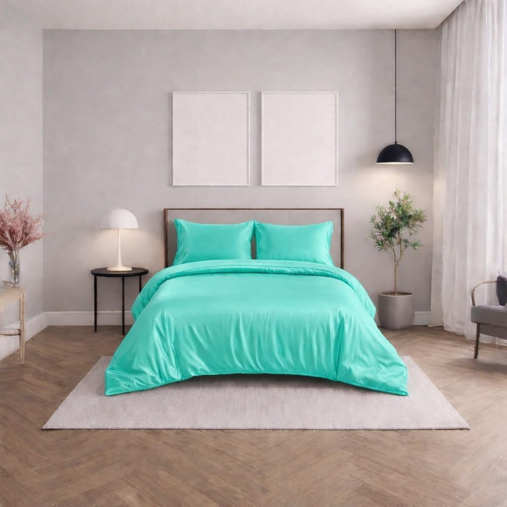 Aqua Blue Color Mulberry Silk 3-Sided Zipper Closure Duvet Cover Set (3 ...