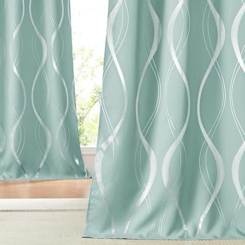 Aqua Blue Floral Blackout Curtain Panels 84 inches 2 Pieces, 52 inches ...