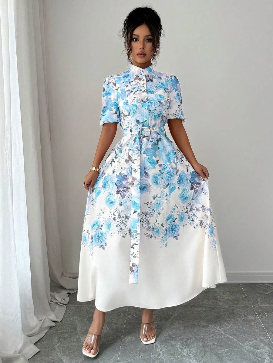 Aqua Blue Floral Print Stand Collar Short Sleeve Belted A-Line Maxi ...
