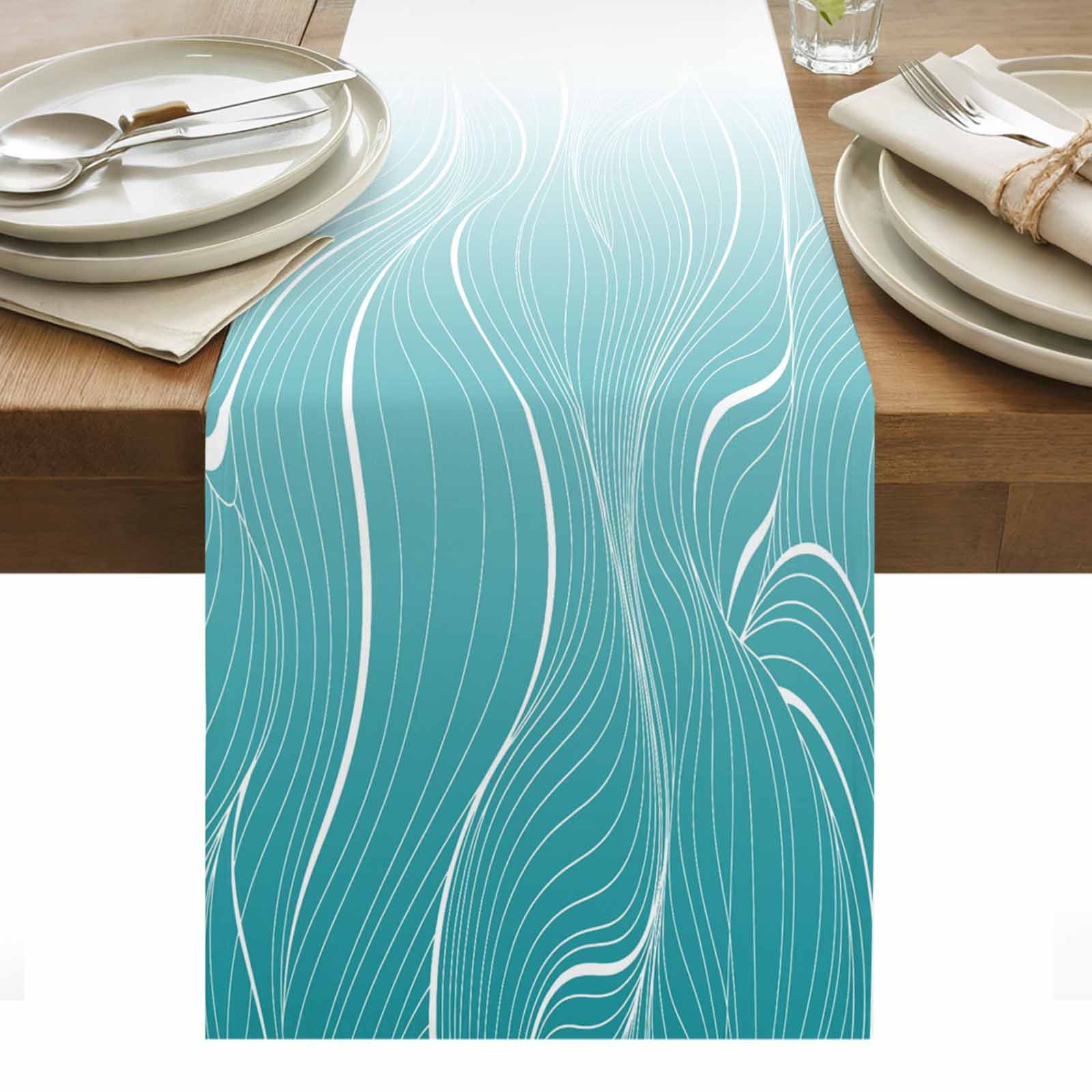 Aqua Blue Geometric Table Runner - 108 Inch Long, Kitchen Dining Table ...