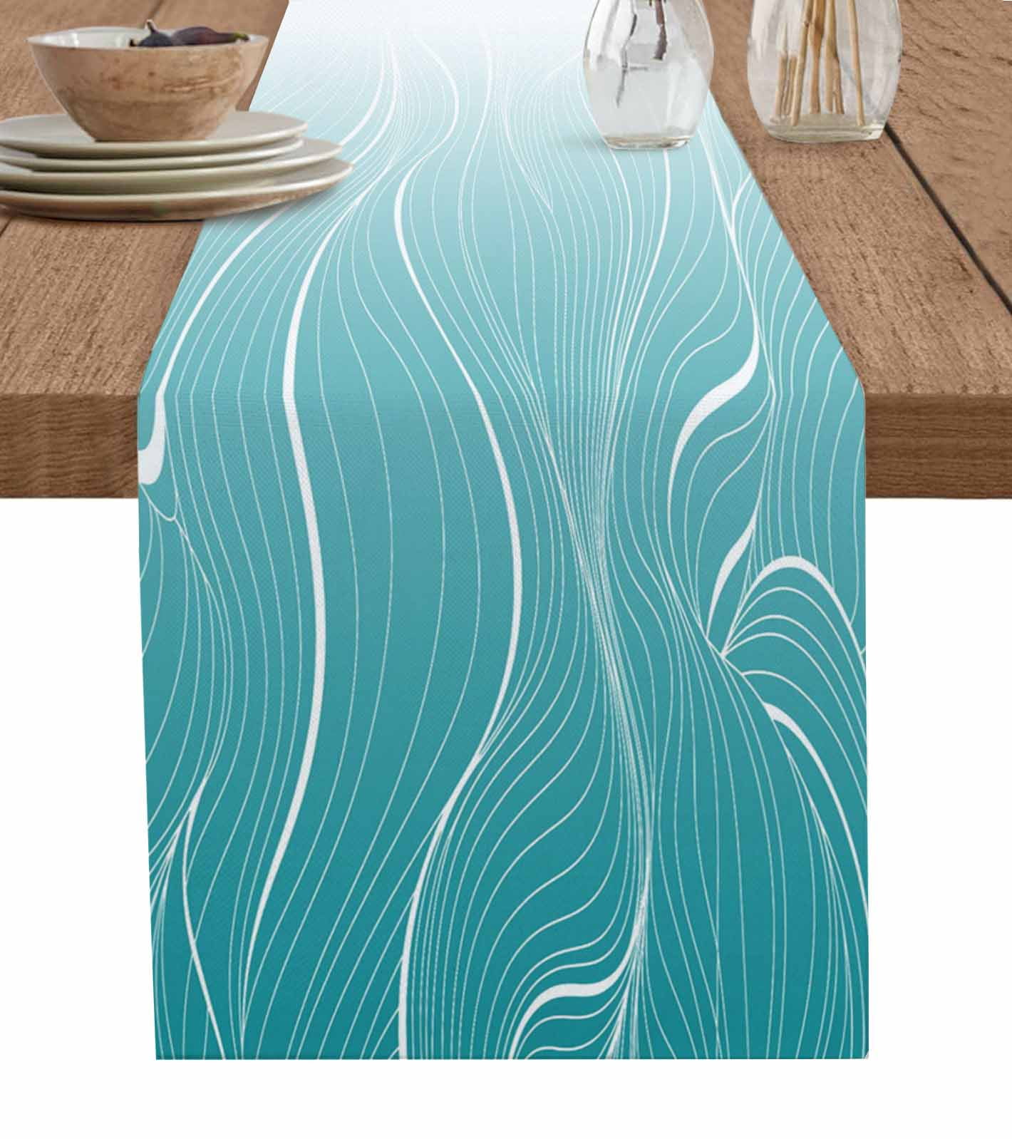 Aqua Blue Geometric Table Runner 72 Inches, Modern White Stripe ...