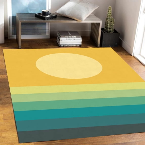 Aqua Blue Gold Contemporary Modern Minimalist Sunrise Area Rug 4'x8 ...