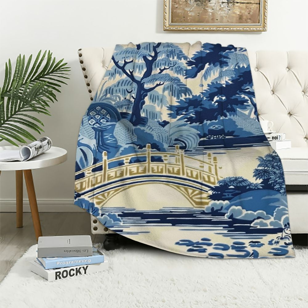 Aqua Blue and Gold Pagoda Bed Throws Blankets Asian Style Chinoiserie ...