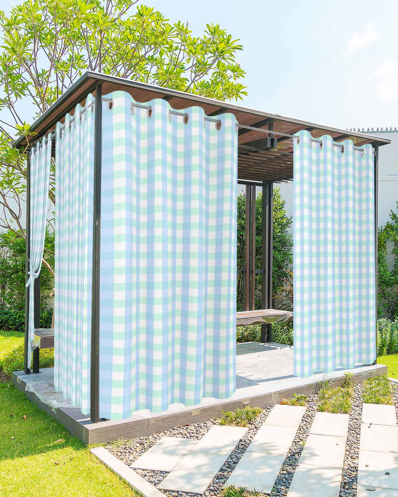 Aqua Blue Green Outdoor Curtains for Patio Waterproof,Checkered Plaid ...