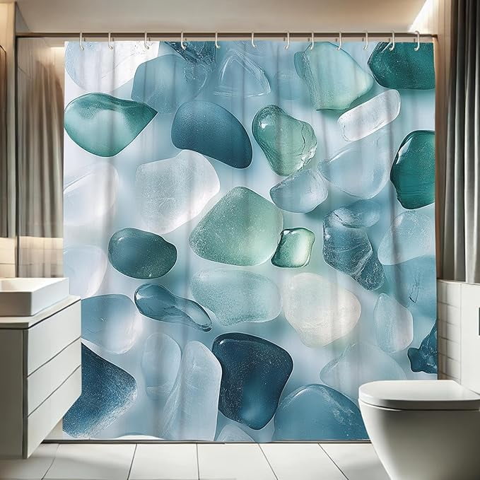 Aqua Blue Green Teal Stone Shower Curtain For Bathroom Decor, Coastal ...