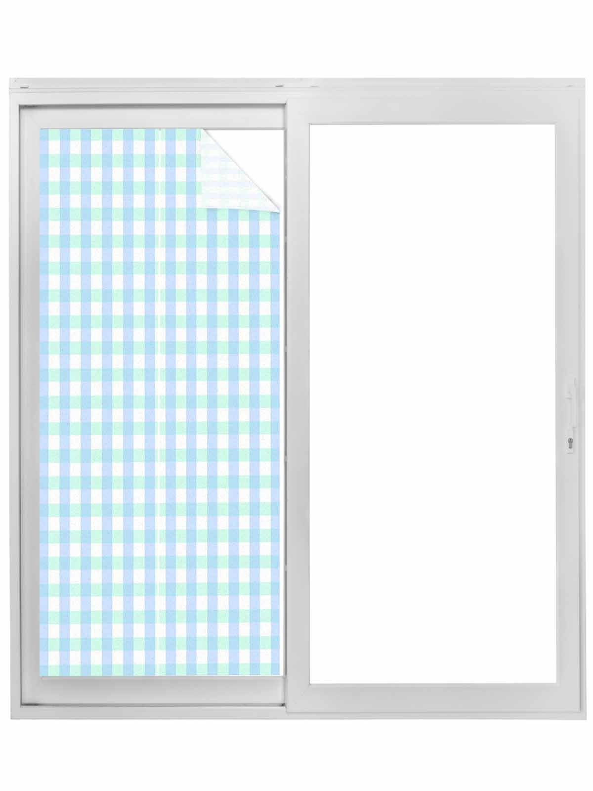 Aqua Blue Green Window Privacy Film, Checkered Plaid Gingham Lattice ...
