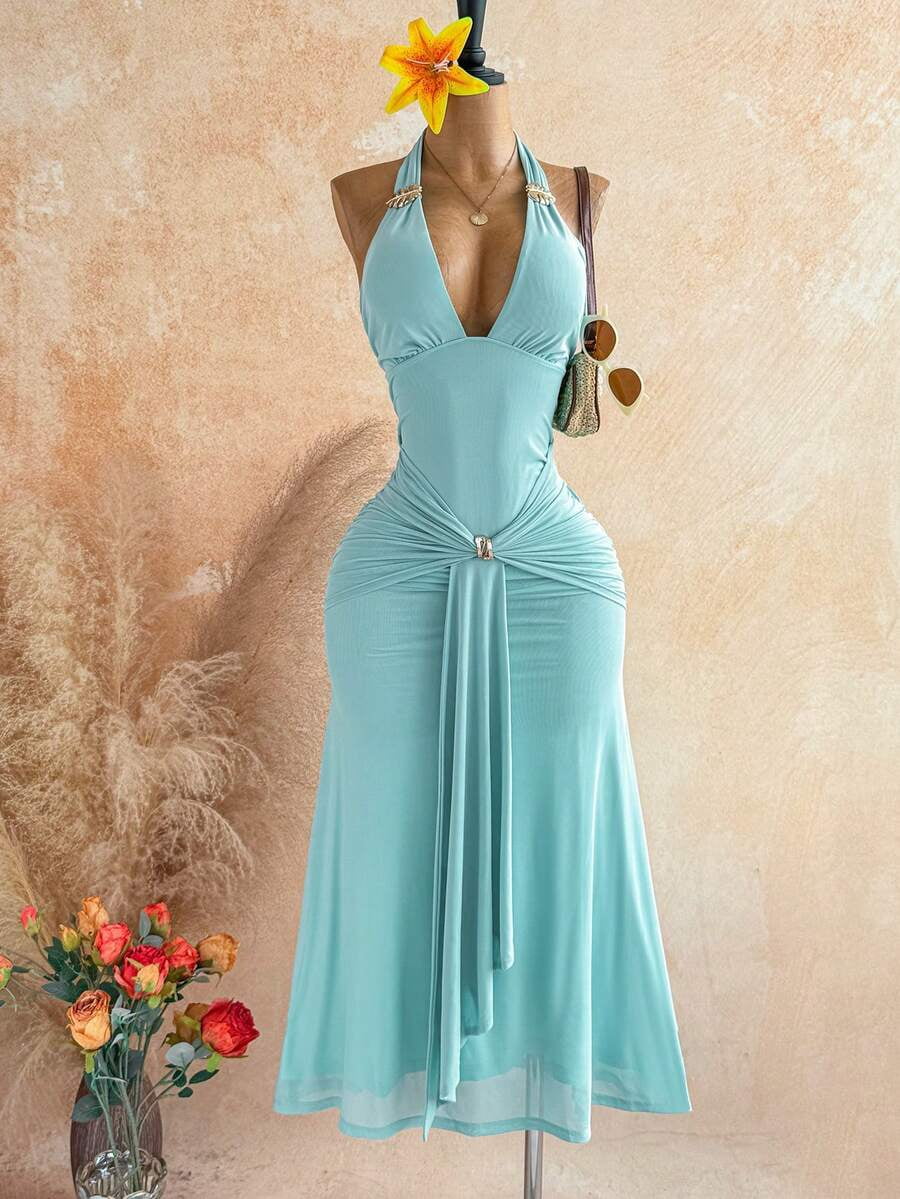 Aqua Blue Halter Neck Backless Ruched Wrap Maxi Dress For Women Summer ...
