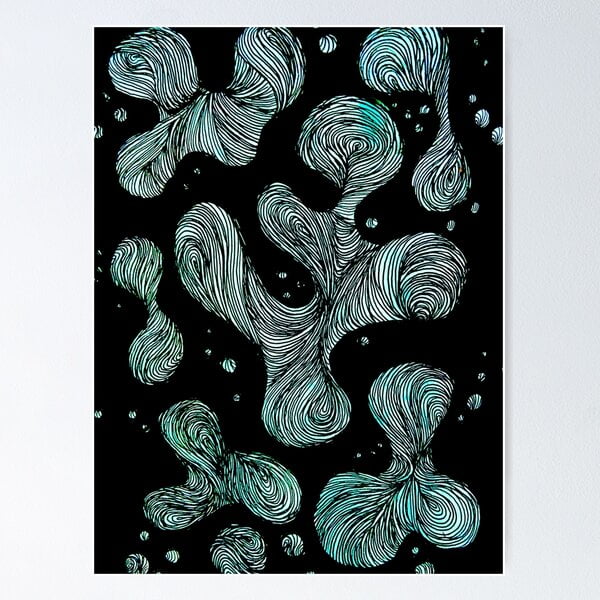 Aqua Blue Line Art Swirl Blobs In The Night Poster Wall Art, Modern ...