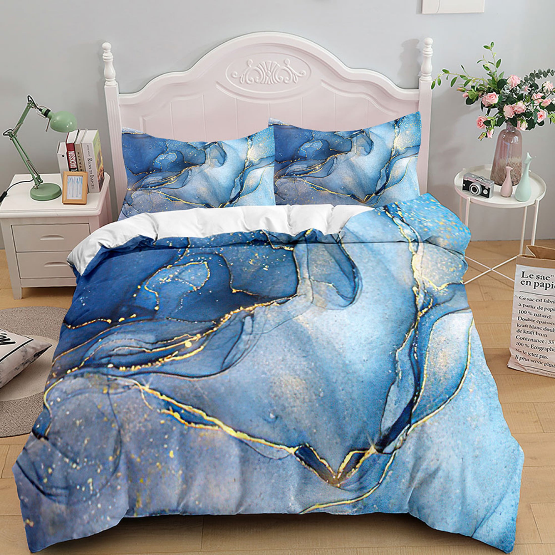 Aqua Blue Marble Bedding Set Queen Size Comforter Cover Sets for Girls ...