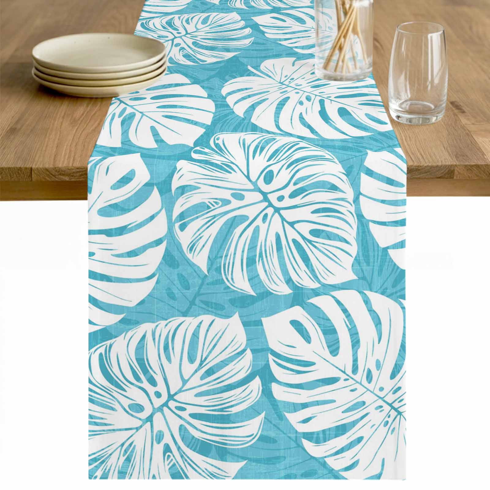 Aqua Blue Monstera Deliciosa Cotton Linen Rectangle Table Runners 13 ...