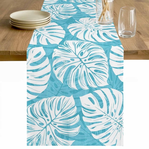 Aqua Blue Monstera Deliciosa Cotton Linen Rectangle Table Runners 13 ...