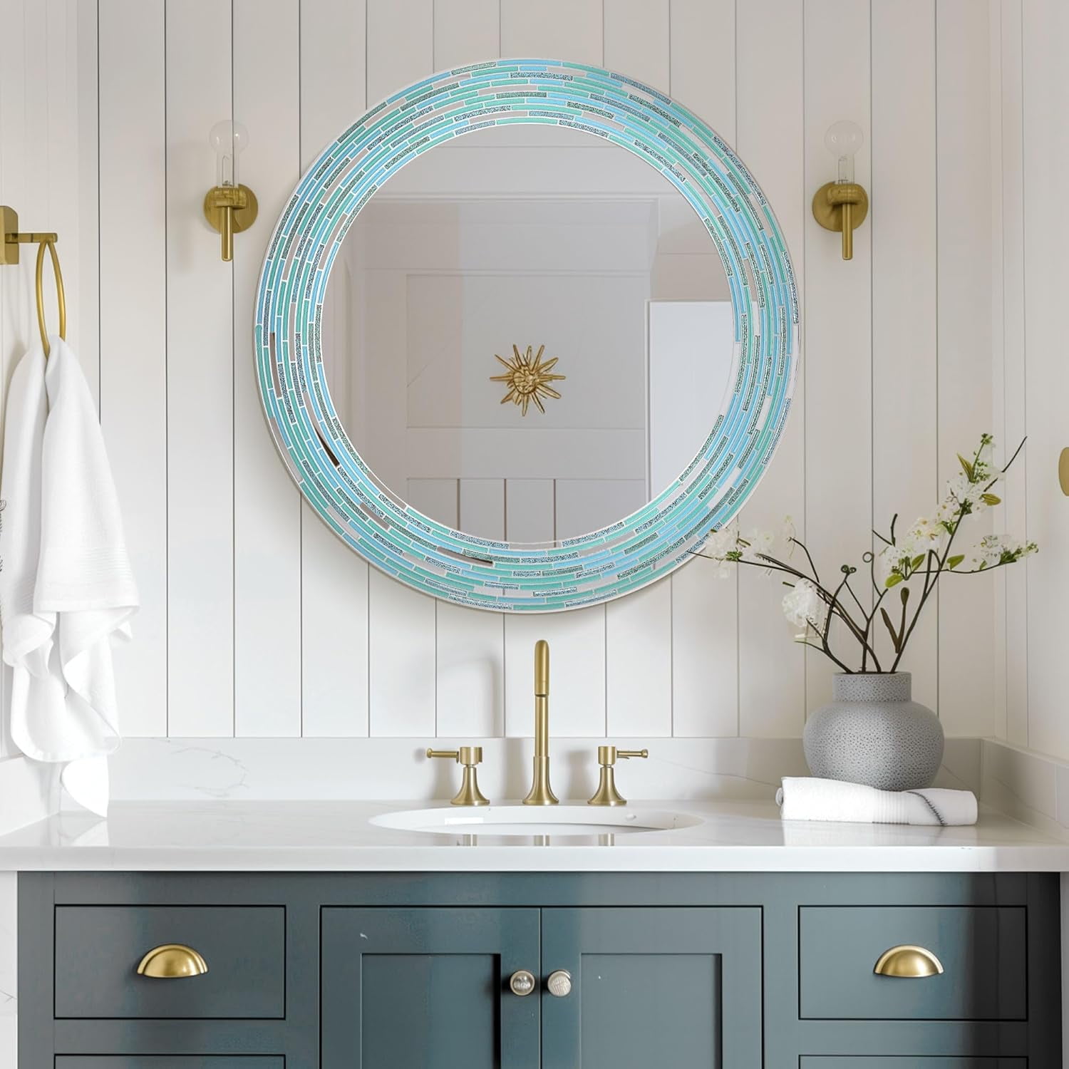 Aqua Blue Mosaic Frameless Reeded Tiled Printed Sea Glass Round Vanity Decorative Mirror for ...