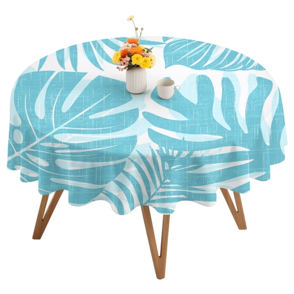 Aqua Blue Palm Leaves Round Tablecloth 60 inches Tropical Botanical ...