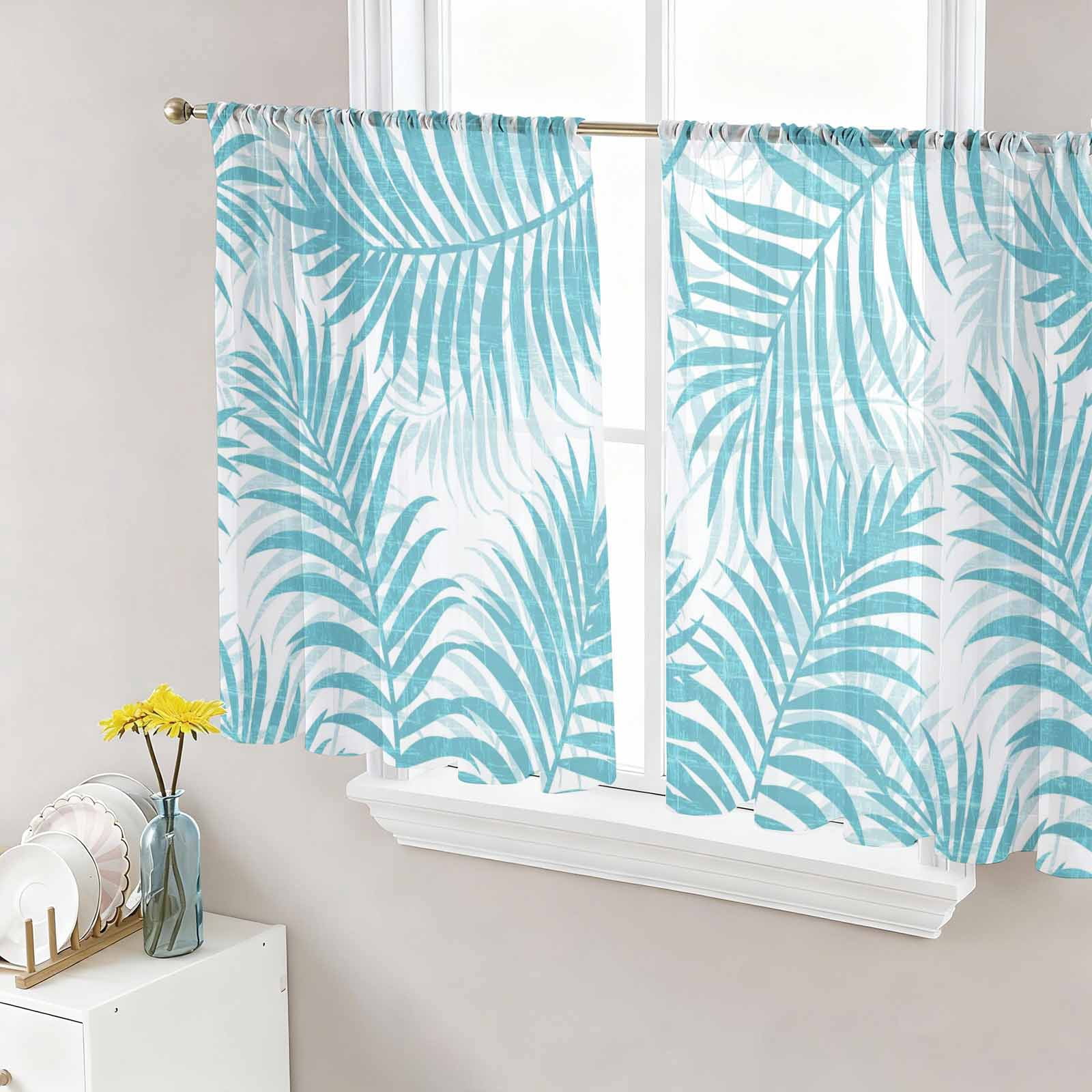 Aqua Blue Palm Leaves Semi Sheer Curtains 54 Inch Length 2 Panels Set ...