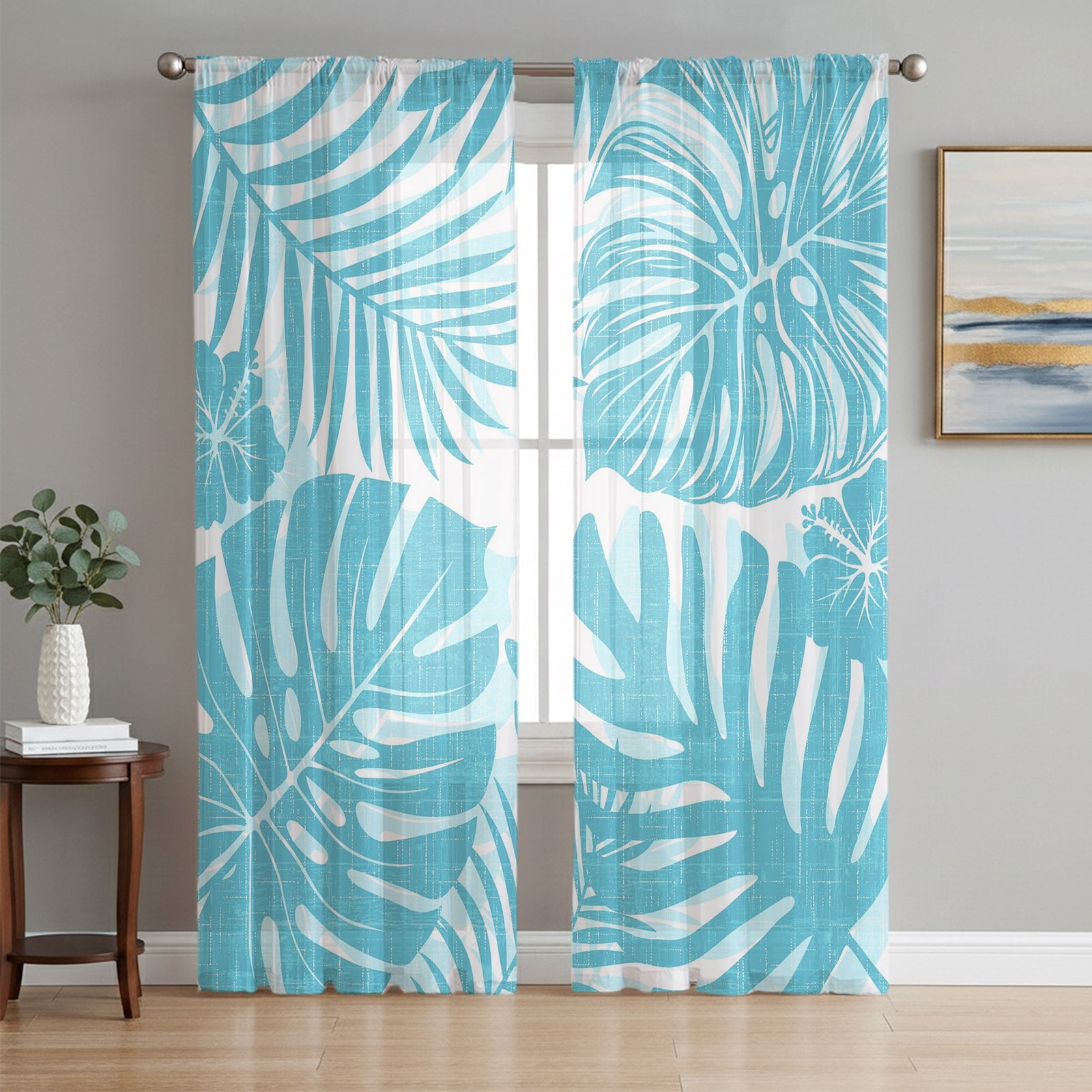 Aqua Blue Palm Leaves Sheer Curtains for Living Room Bedroom, Tropical ...