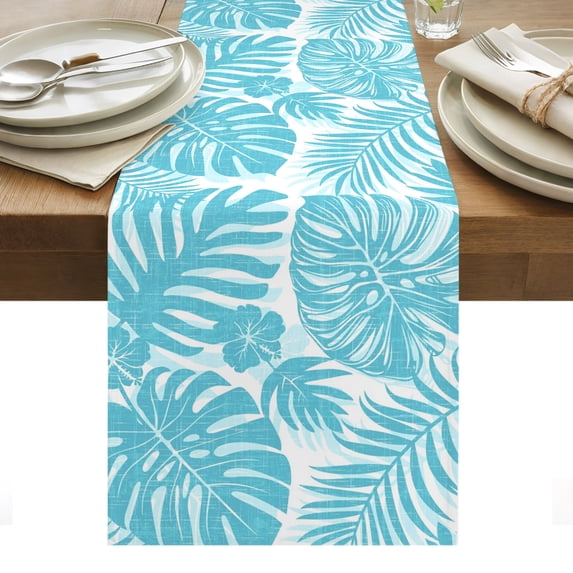 Aqua Blue Palm Leaves Table Runner, Tropical Botanical Minimalist ...