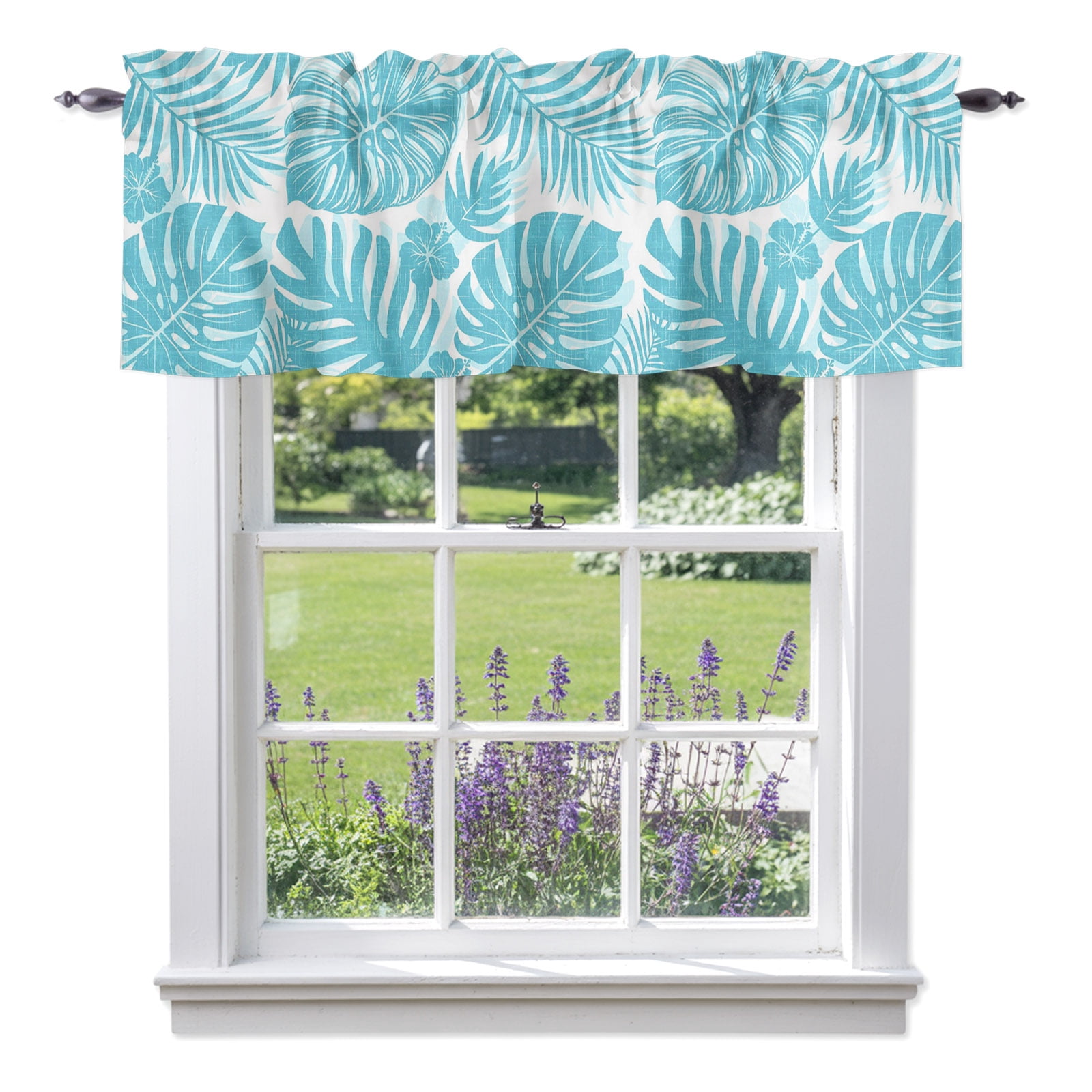 Aqua Blue Palm Leaves Valances for Windows, Tropical Botanical ...