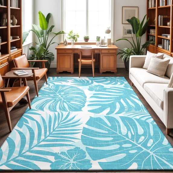 Aqua Blue Palm Leaves Washable Area Rug 2.7 x 5 ft Tropical Botanical ...